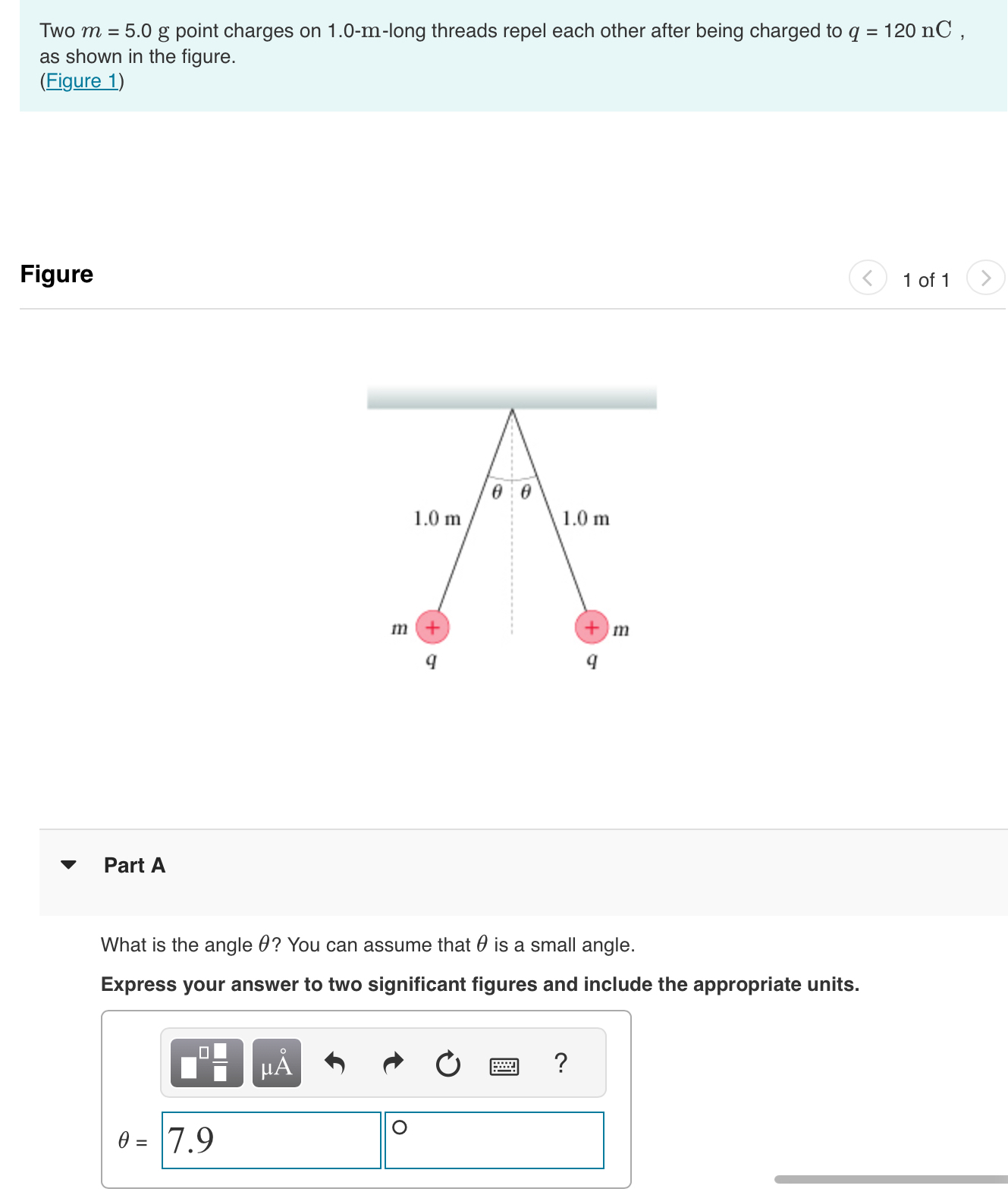 Solved Two m=5.0g ﻿point charges on 1.0-m-long threads repel | Chegg.com