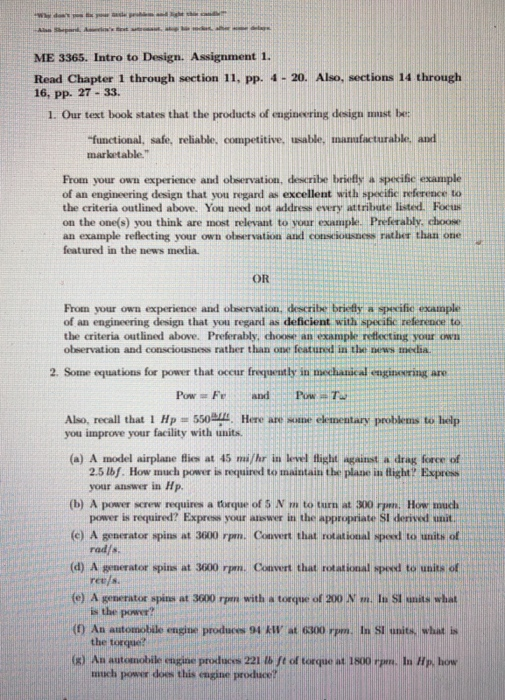 Solved w ME 3365. Intro to Design. Assignment 1. Read | Chegg.com