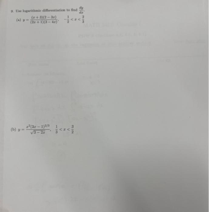 Solved 9. Use logarithmic differentiation to find dxdy. (a) | Chegg.com