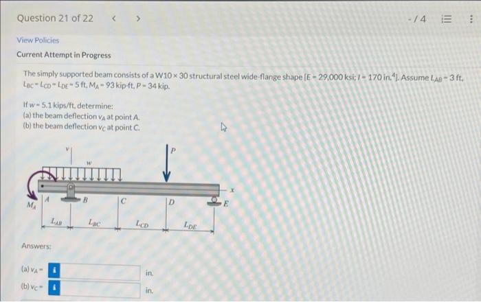 Solved The simply supported beam consists of a W10 x 30 | Chegg.com