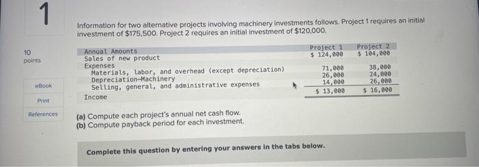 Solved Information for two alternative projects involving | Chegg.com