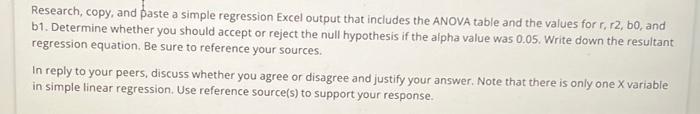 Research, copy, and paste a simple regression Excel | Chegg.com