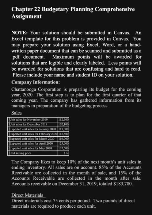 Chapter 22 Budgetary Planning Comprehensive | Chegg.com