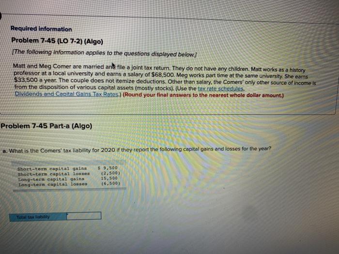 Solved Required information Problem 7-45 (LO 7-2) (Algo) | Chegg.com