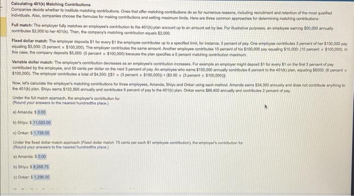 Solved Calculating 401(k) Matching Contributions Companles | Chegg.com