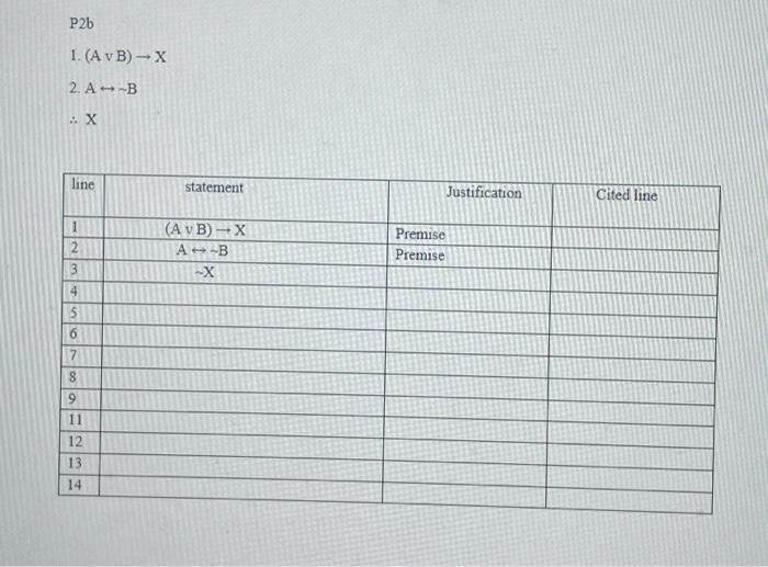 Solved P2b 1. (A∨B)→X 2. A↔∼B ∴X \begin{tabular}{|c|c|c|c|} | Chegg.com