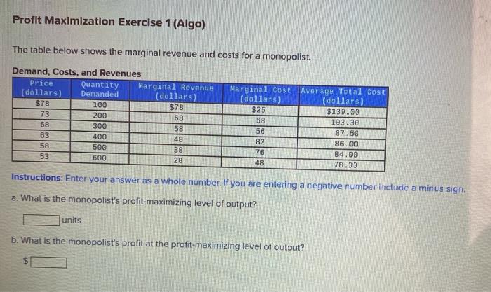 Solved Profit Maximization Exercise 1 Algo The Table Below