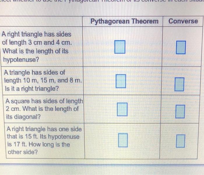 Solved Pythagorean Theorem Converse A right triangle has | Chegg.com