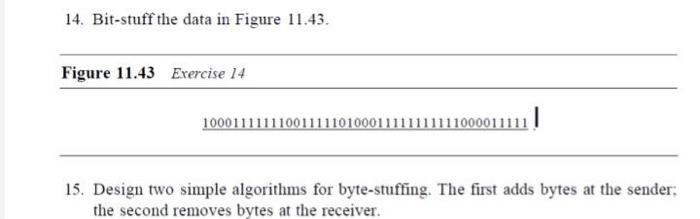 Solved 14. Bit-stuff the data in Figure 11.43. Figure 11.43 | Chegg.com
