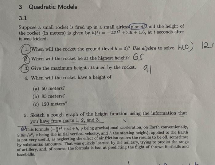 Solved 3 Quadratic Models 3.1 a Suppose a small rocket is | Chegg.com
