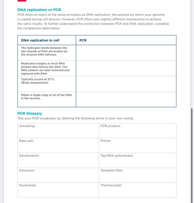 Solved DNA replication vs PCR PCR relies on many of the same | Chegg.com