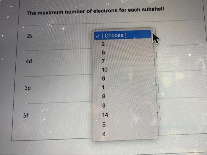 Solved The maximum number of electrons for each subshell 2s | Chegg.com