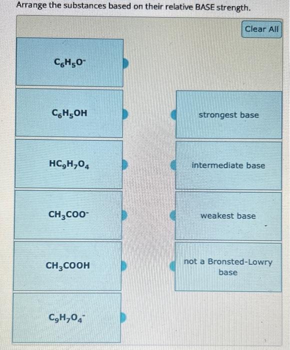 Solved Arrange the substances based on their relative BASE | Chegg.com
