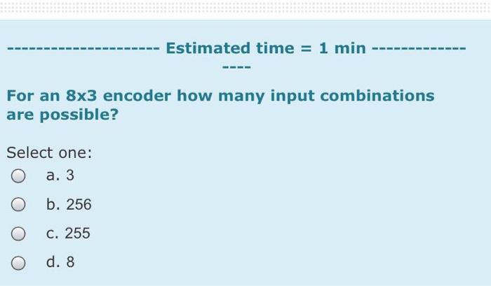 Solved Estimated time = 1 min For an 8x3 encoder how many | Chegg.com