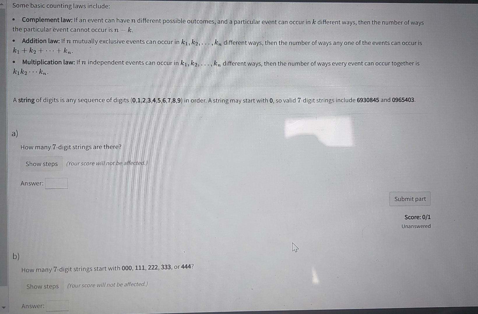 Solved Some basic counting laws include: Complement law: If | Chegg.com