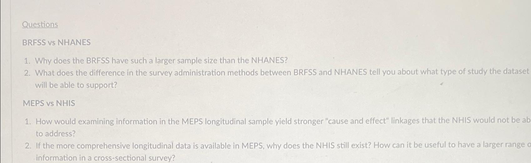 Solved QuestionsBRFSS VS NHANESWhy does the BRFSS have such | Chegg.com