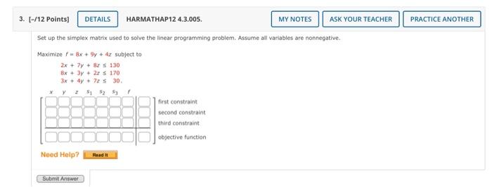 Set Up The Simplex Matrix Used To Solve The Linear 