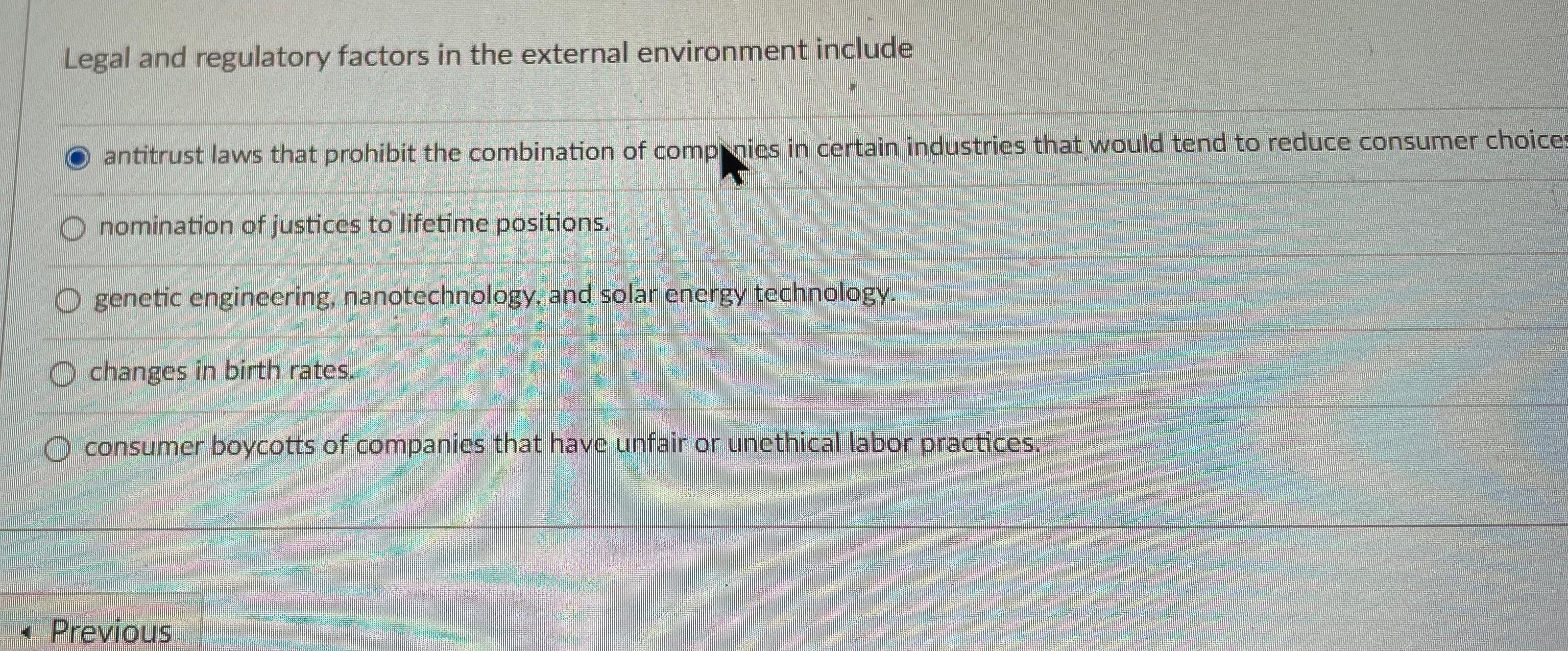 Solved Legal and regulatory factors in the external | Chegg.com