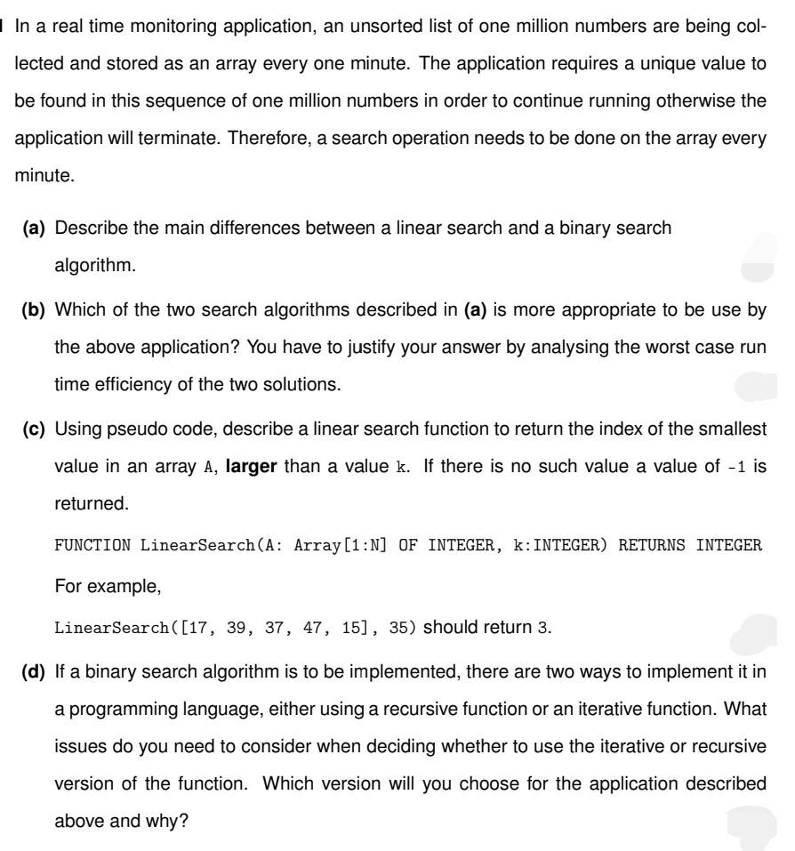 Solved In a real time monitoring application, an unsorted | Chegg.com