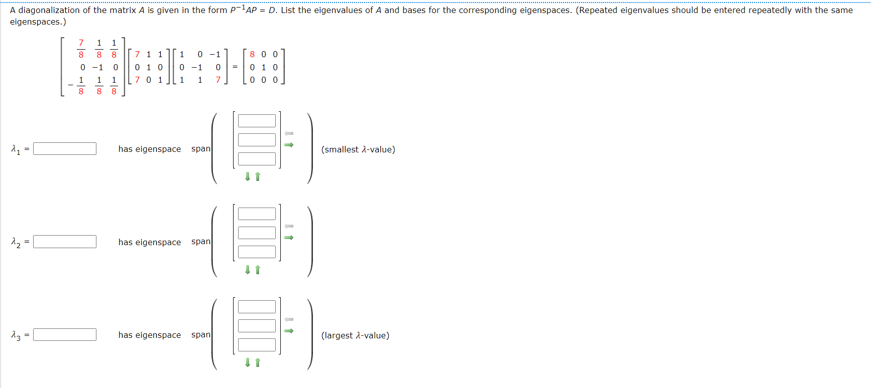 Solved A diagonalization of the matrix A ﻿is given in the | Chegg.com