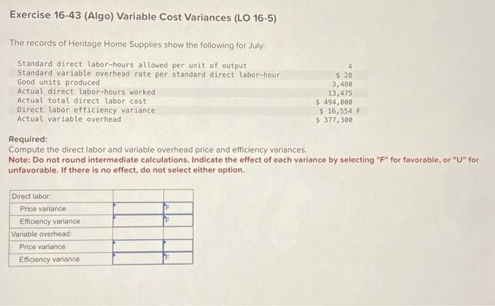 Solved Exercise 16.43 (Algo) Variable Cost Variances (LO | Chegg.com