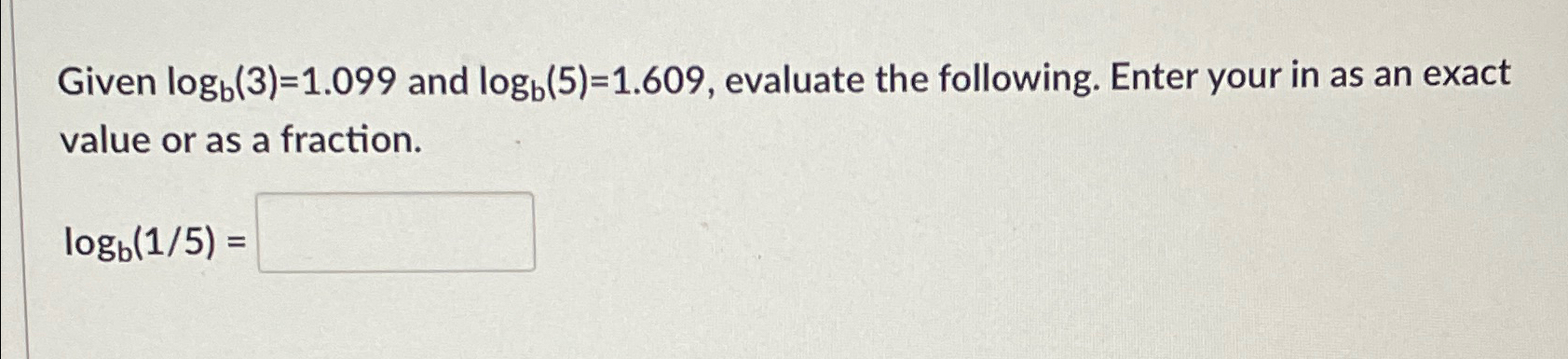 Solved Given logb(3)=1.099 ﻿and logb(5)=1.609, ﻿evaluate the | Chegg.com