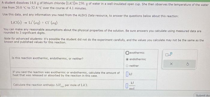 A student dissolves 14.8 g of lithium chloride (LiCl) | Chegg.com