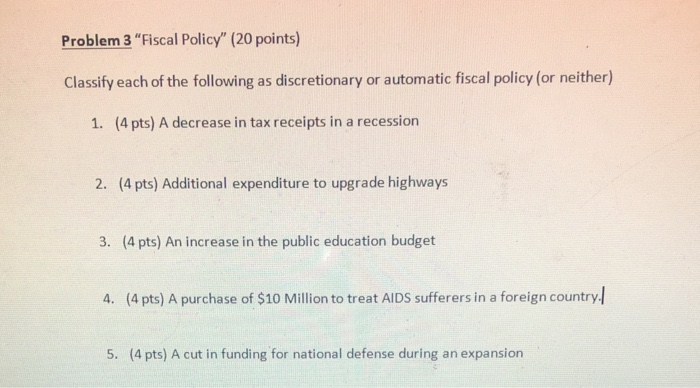 Solved Problem 3 "Fiscal Policy" (20 points) Classify each | Chegg.com