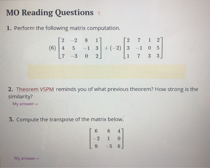 Solved Reading Questions MO 1. Perform the following matrix | Chegg.com