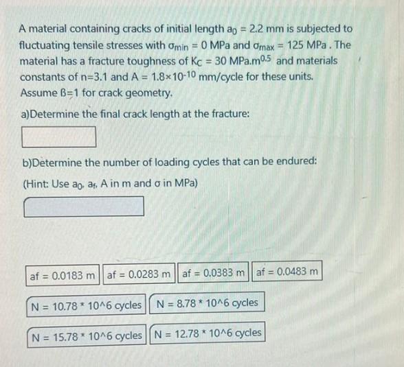 Solved A material containing cracks of initial length a0=2.2 | Chegg.com