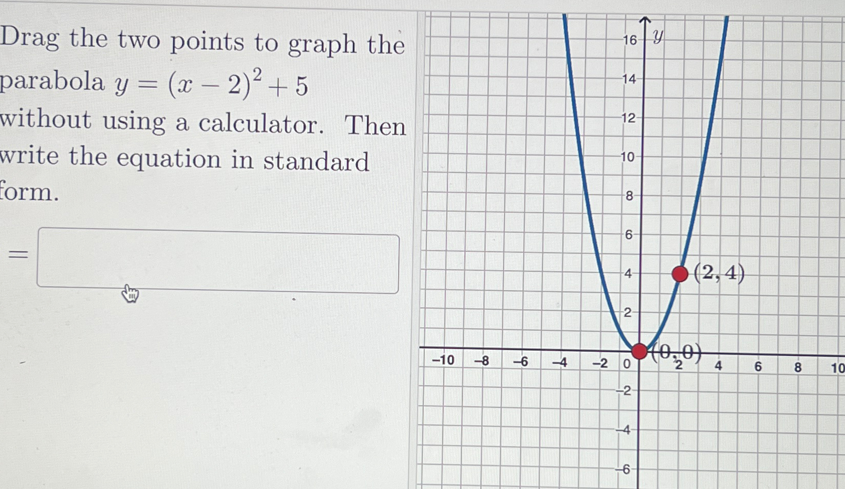 Solved Drag the two points to graph the parabola y=(x-2)2+5 | Chegg.com