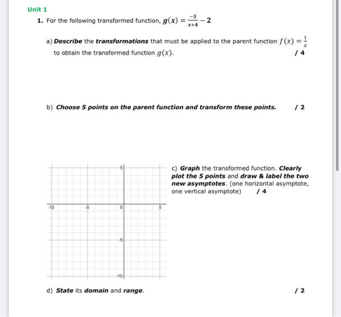Solved -3 x+4 Unit 1 1. For the following transformed | Chegg.com