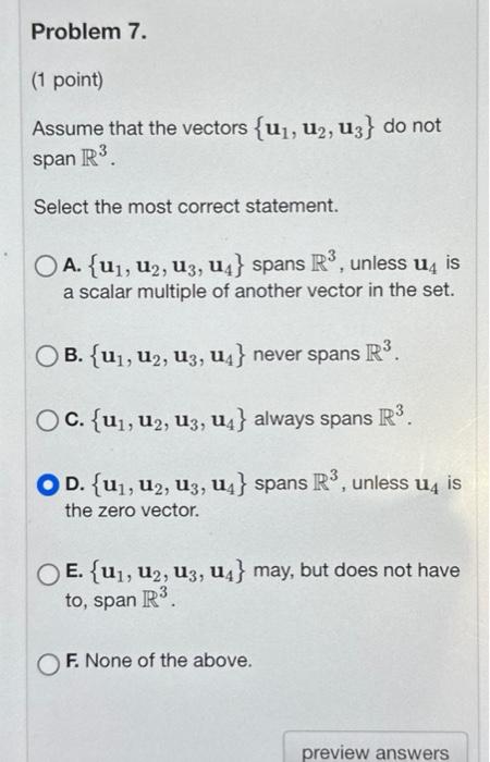 Solved Problem 7. (1 point) Assume that the vectors {u₁, U₂, | Chegg.com