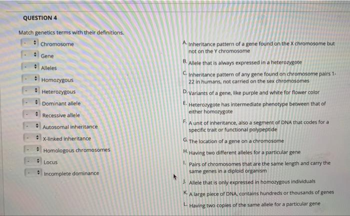 Solved QUESTION 4 Match genetics terms with their | Chegg.com