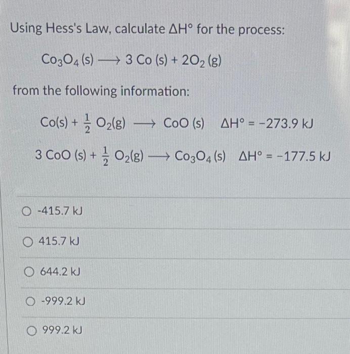 Solved Using Hess's Law, calculate ΔH∘ for the process: | Chegg.com