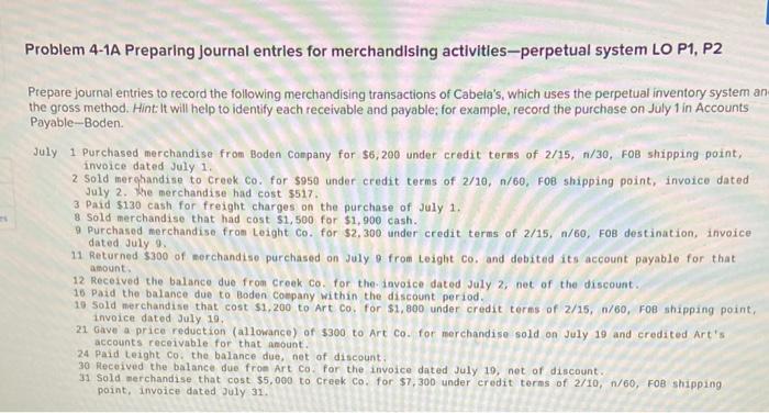 Solved Problem 4-1A Preparing journal entrles for | Chegg.com