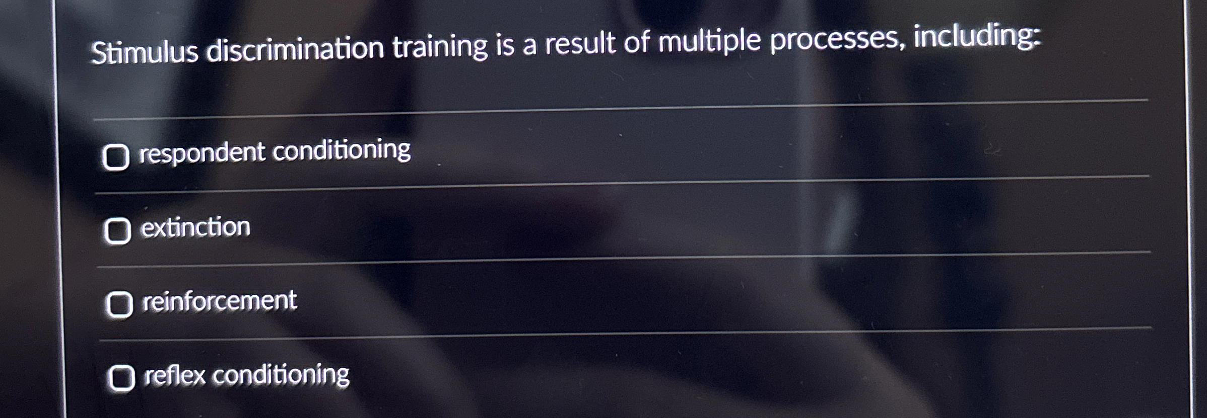 Solved Stimulus discrimination training is a result of | Chegg.com