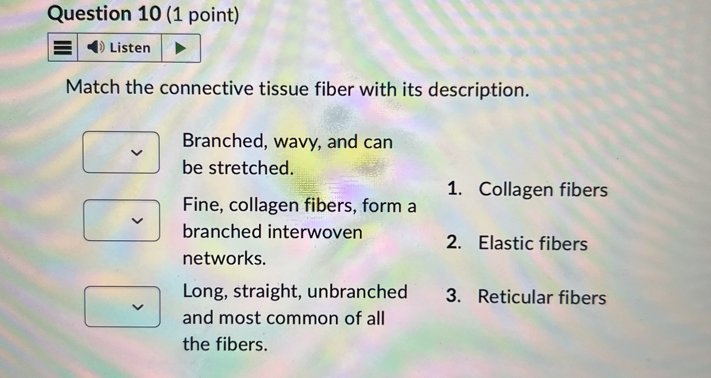 Solved Question 10 (1 ﻿point)Match the connective tissue | Chegg.com