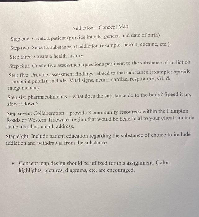 Solved Addiction - Concept Map Step one: Create a patient | Chegg.com