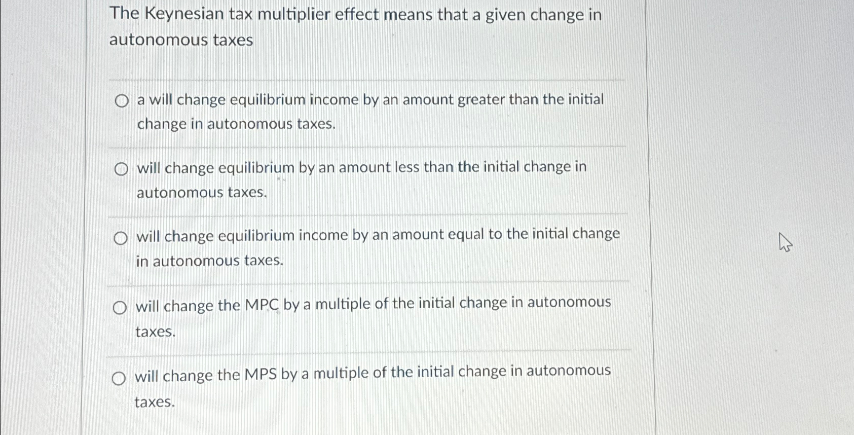 Solved The Keynesian tax multiplier effect means that a | Chegg.com