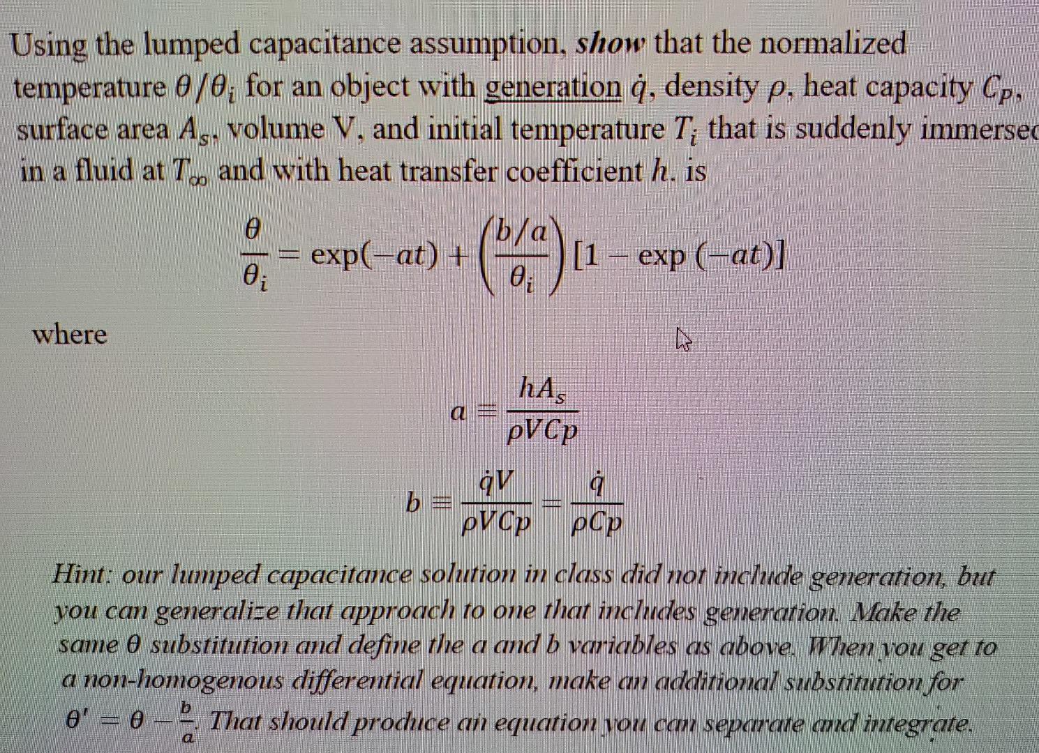 Solved Using the lumped capacitance assumption, show that | Chegg.com