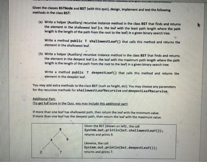 Solved please write the methods according to the given bst | Chegg.com