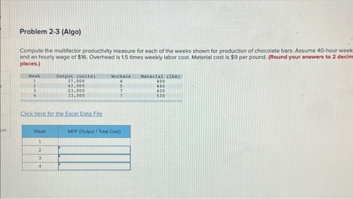 Solved Problem 2-3 (Algo) Compute the multifactor | Chegg.com