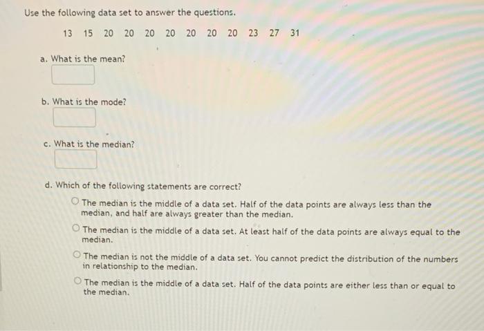 Solved Use the following data set to answer the questions. | Chegg.com