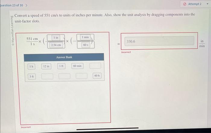 Solved Convert a speed of 551 cm/s to units of inches per | Chegg.com