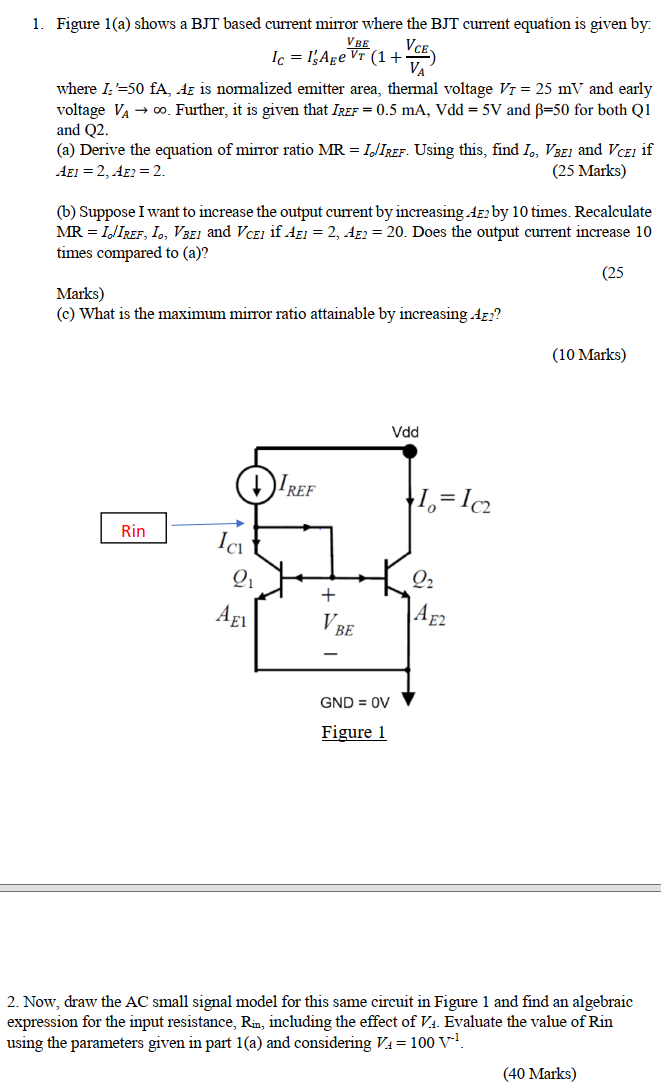 Solved Figure 1(a) ﻿shows a BJT based current mirror where | Chegg.com