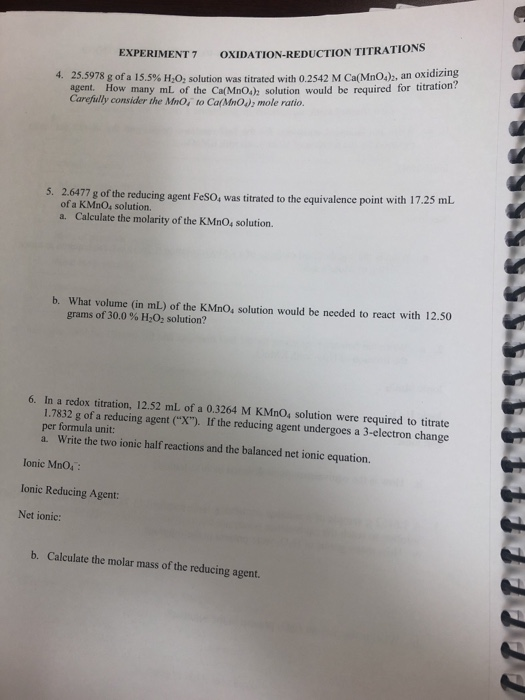 Solved EXPERIMENT 7 OXIDATION-REDUCTION TITRATIONS Name | Chegg.com