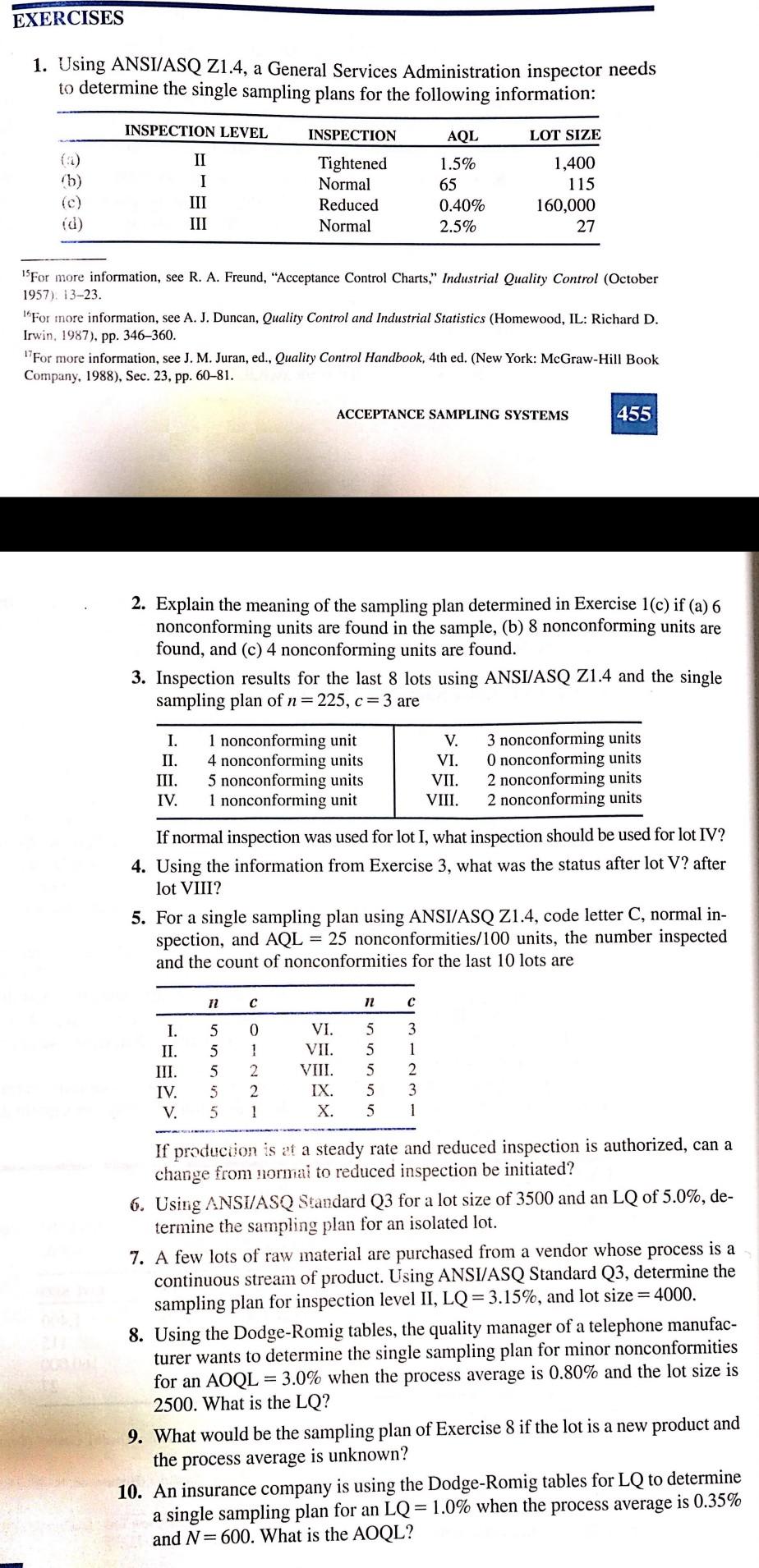 Solved EXERCISES 1. Using ANSI/ASQ Z1.4, a General Services | Chegg.com