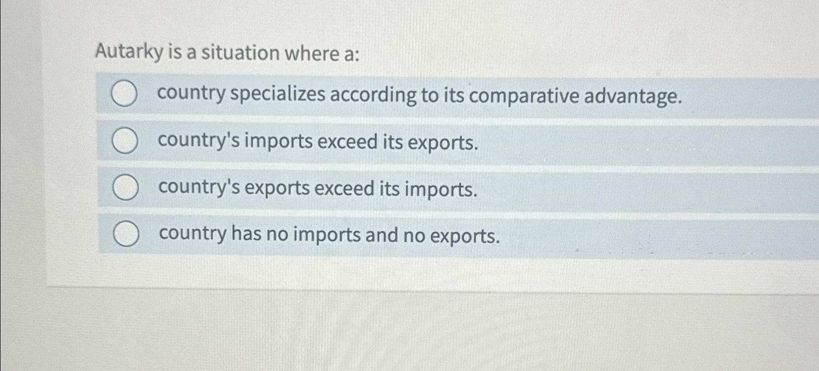 Solved Autarky is a situation where a:country specializes | Chegg.com