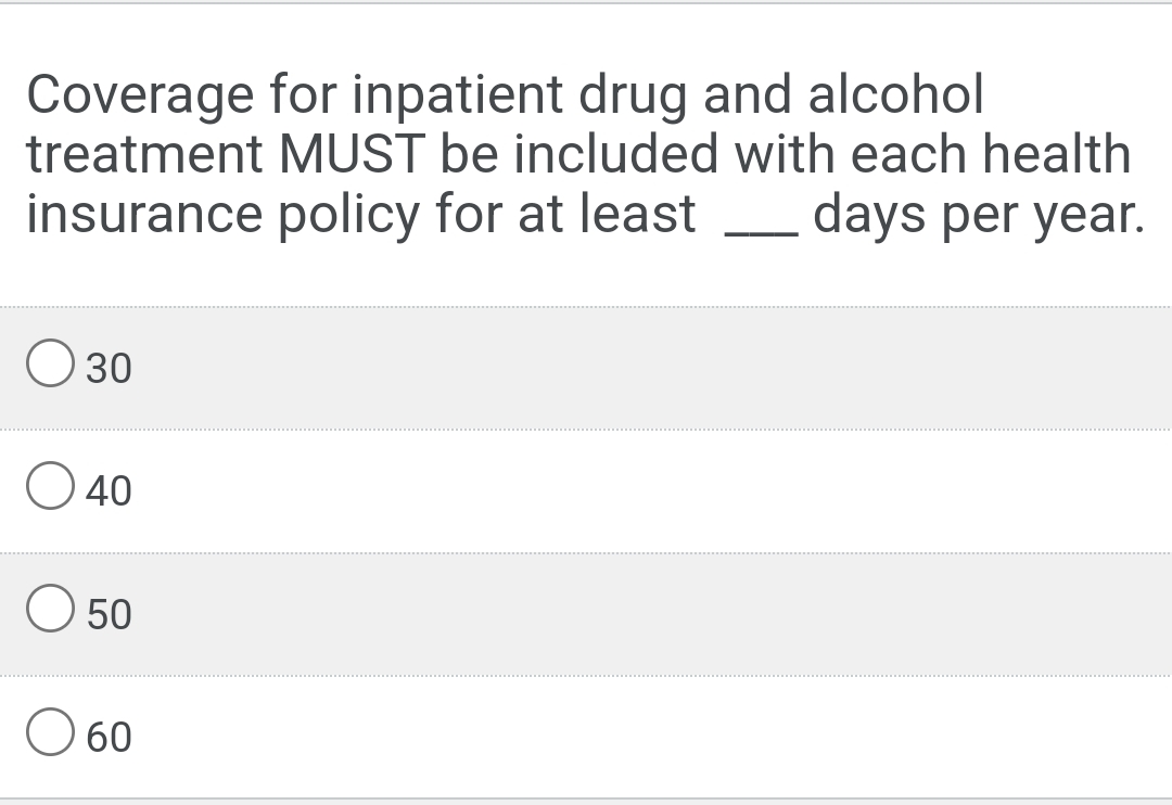 Solved Coverage for inpatient drug and alcohol treatment | Chegg.com